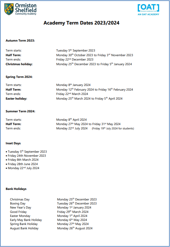 Ormiston Shelfield Community Academy - Term Dates