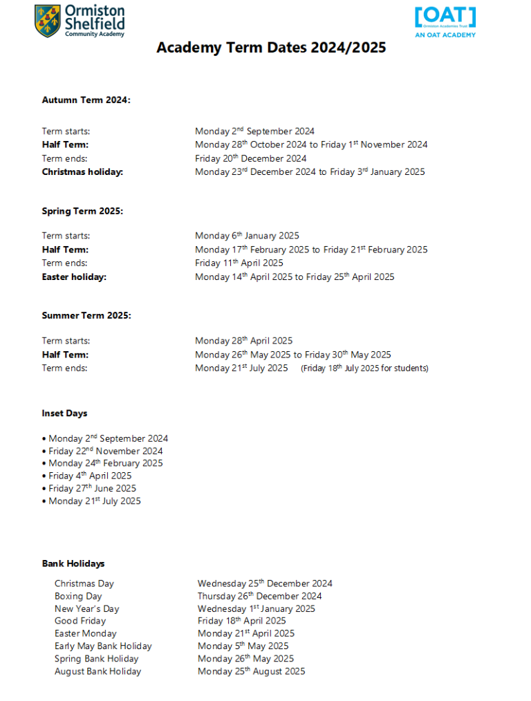 Ormiston Shelfield Community Academy - Term Dates