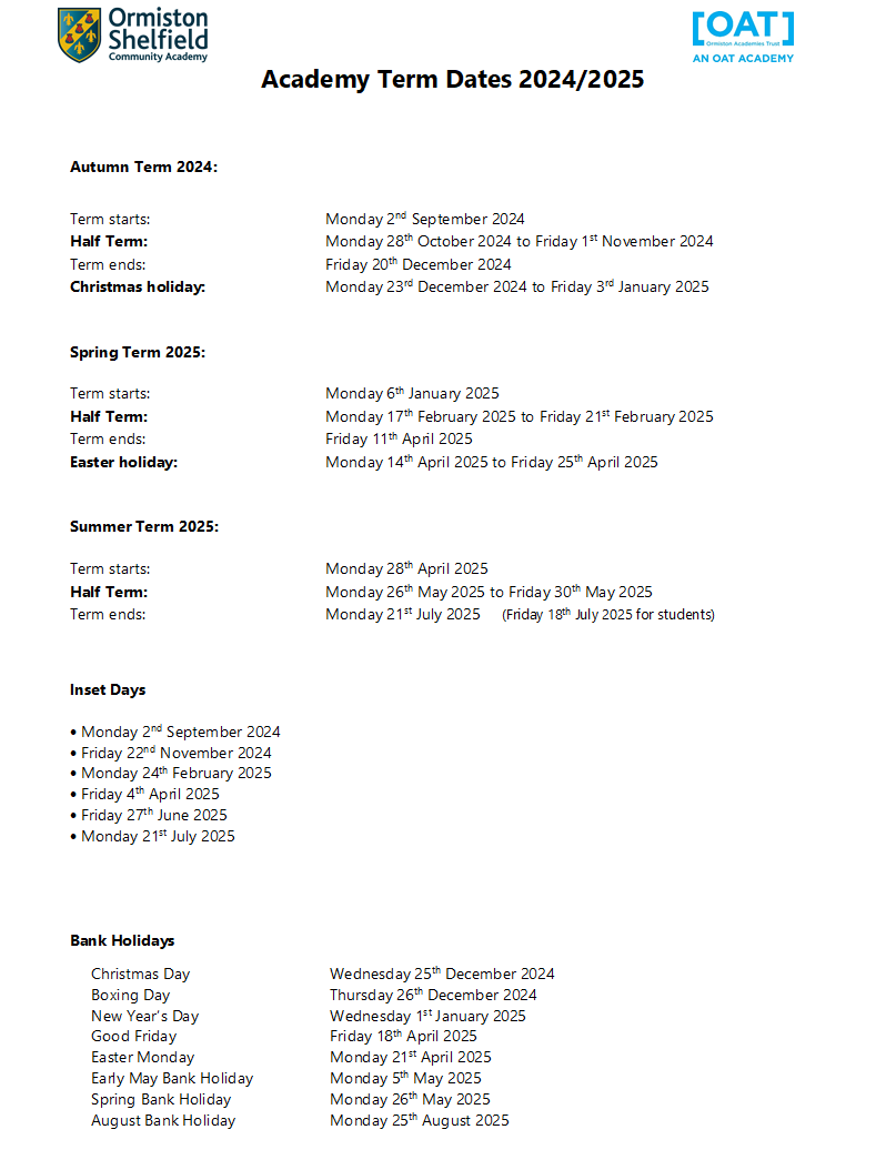 Ormiston Shelfield Community Academy - Term Dates