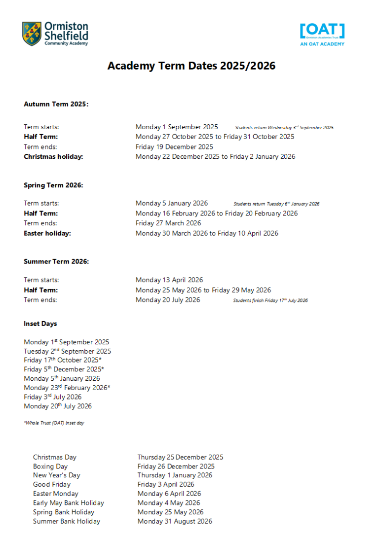Ormiston Shelfield Community Academy - Term Dates